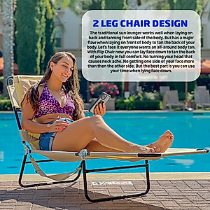 Face Down Tanning Chaise Lounge Chair - Face & Arm Holes - 2 Legs Support - Polyester Material – Backrest Positions - Head Rest Pillow - Beach or Home Use - Read and Tan - Tan Stripes Pattern