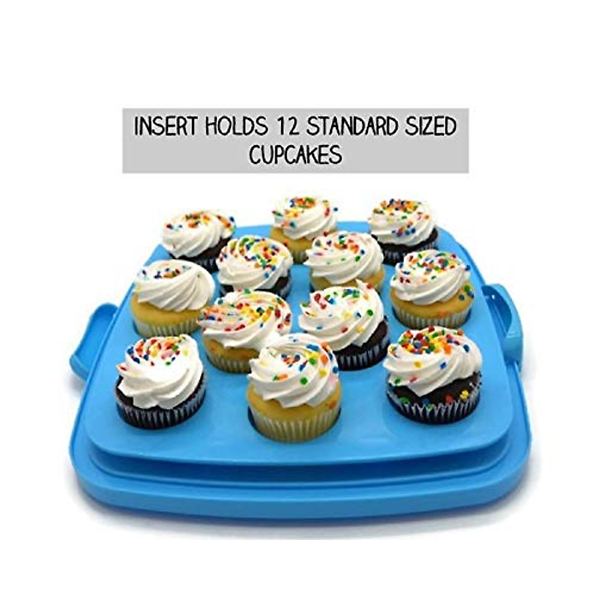 Cynergee Square Portable Cake, Pie, Cupcake, Muffin Carrier with Locking Lid and Collapsible Handles, Includes 50 All Occasion Paper Cupcake Liners, Blue
