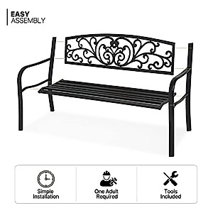 MoNiBloom Metal Bench Patio Benches for Outdoors, Iron Frame Antique Finish Park Bench with Armrests Lawn Porch Entryway Path Yard Decor Deck Furniture for 2-3 Adults Seat, Black