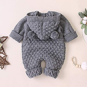 Unisex Newborn Baby Boy Girl Gender Neutral Cute 3D Bear Ears Hooded Knitted Sweater Long Sleeve Romper Overall Bodysuit Jumpsuit Playsuit Sleepwear Outwear Winter Warm Clothes Gray 0-6 Months