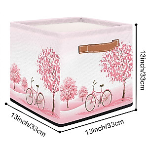 13x13x13 Storage Cube Bins Pink Bike Hearts Tree Fabric Storage Cubes 13 inch Collapsible Storage Bins Valentine's day Cubby Storage Baskets for Organizing Shelf Cabinet Bookcase Boxes