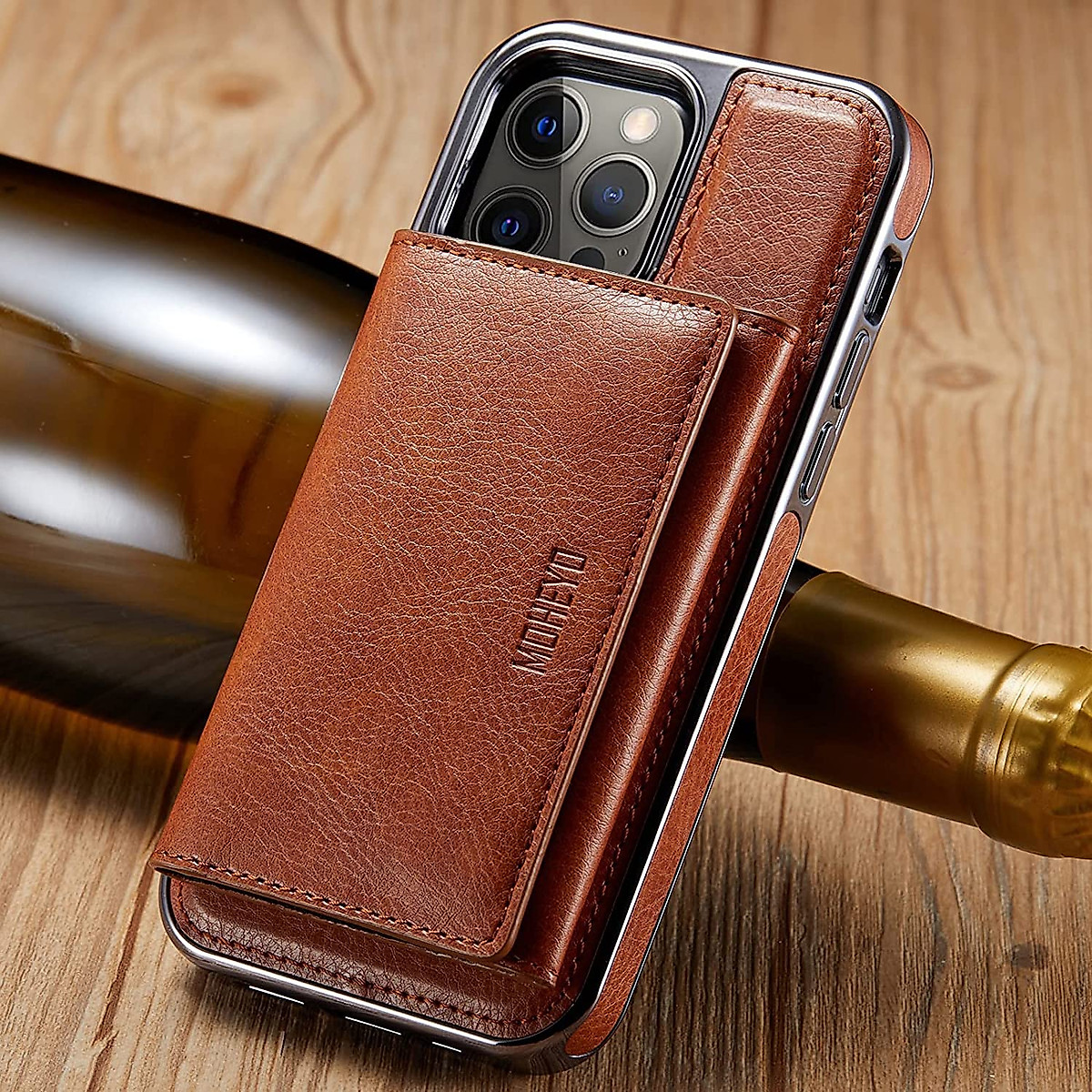 MOHEYO Designed for iPhone 14 Pro Max Case Compatible with MagSafe Removable Wallet Card Holder Magnetic Slim Thin Vegan Leather Cover (Brown)