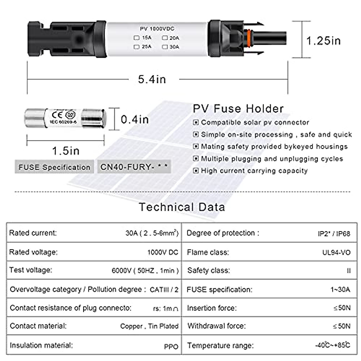 Pvfarosh 20A Solar Fuse Holder Connector IP68 Waterproof 1000V in-line ...