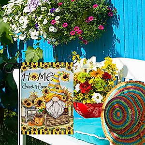 Furiaz Home Sweet Home Gnome Sunflower Spring Summer Small Decorative Garden Flag, Bee Honey Yard Home Outside Black Yellow Stripe Decoration, Fall Farmhouse Outdoor Decor Double Sided 12x18