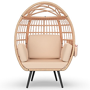 ZENPETIO Wicker Egg Chair, Oversized Indoor Outdoor Lounger with 4 UV Resistant Cushions, Storage Bag, All-Weather Wicker Egg Lounger Chair for Patio, Backyard, Living Room, 370lbs Capacity - Brown