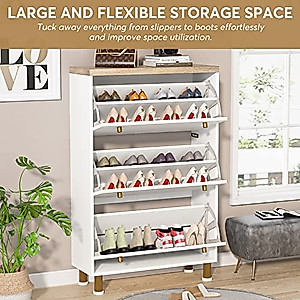 Tribesigns 3 Drawer Shoe Cabinet, Freestanding Shoe Rack Storage Organizer with Flip Door, Modern Tipping Bucket Shoe Cabinet for Entryway, Hallway, Bedroom, Small Spaces, White