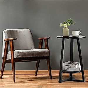 TINSAWOOD Black Side Table, Two-Tier Round End Table, Modern Small Side Table Living Room, Bedroom & Balcony, Black End Table with Storage Shelf with Solid Wooden Legs