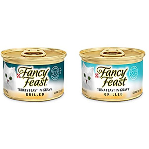 Fancy Feast Grilled Wet Canned Food cat Food Bundle, Variety Pack :02 Seafood,02 Chicken, 02 Tuna,02 Turkey,02 Liver&Chicken,02 Beef Grilled. Pack of 12 cans in Total. Plus Booklet.