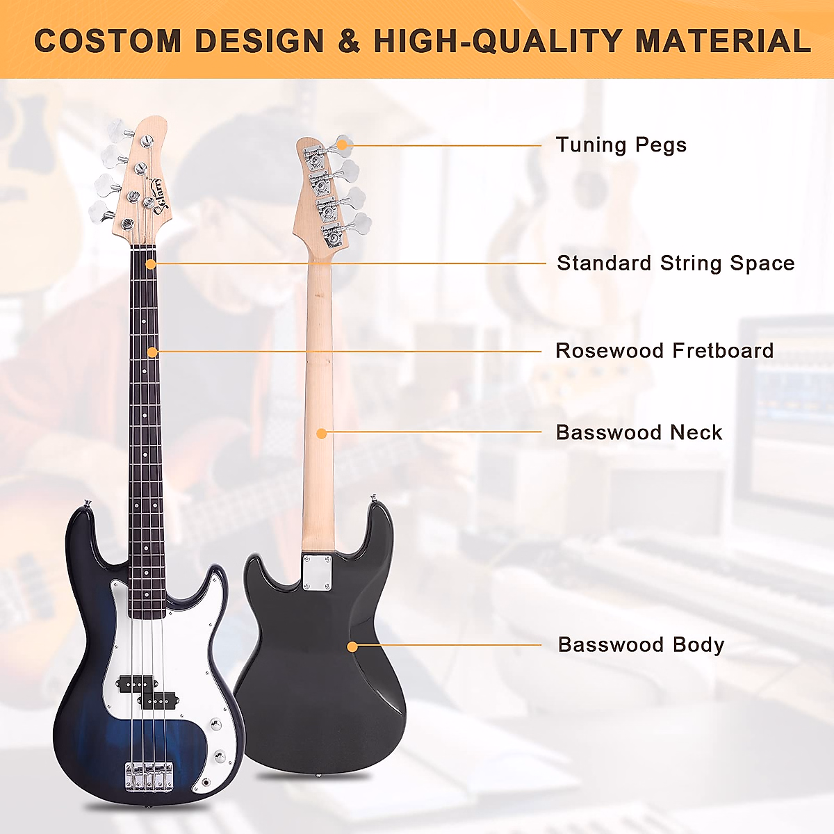 GLARRY Full Size Electric Bass Guitar with 20W AMP, 4 String Beginner Starter Kit with Accessories including Cable, Strap, Bag for Kids and Adults (Dark blue)