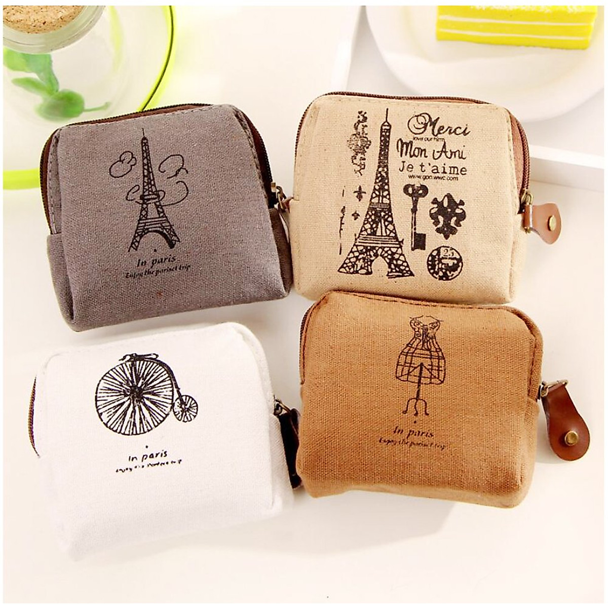 iToolai Canvas Coin Bags Women's Small Change Cash Purse Wallets (Set of 4, Paris)