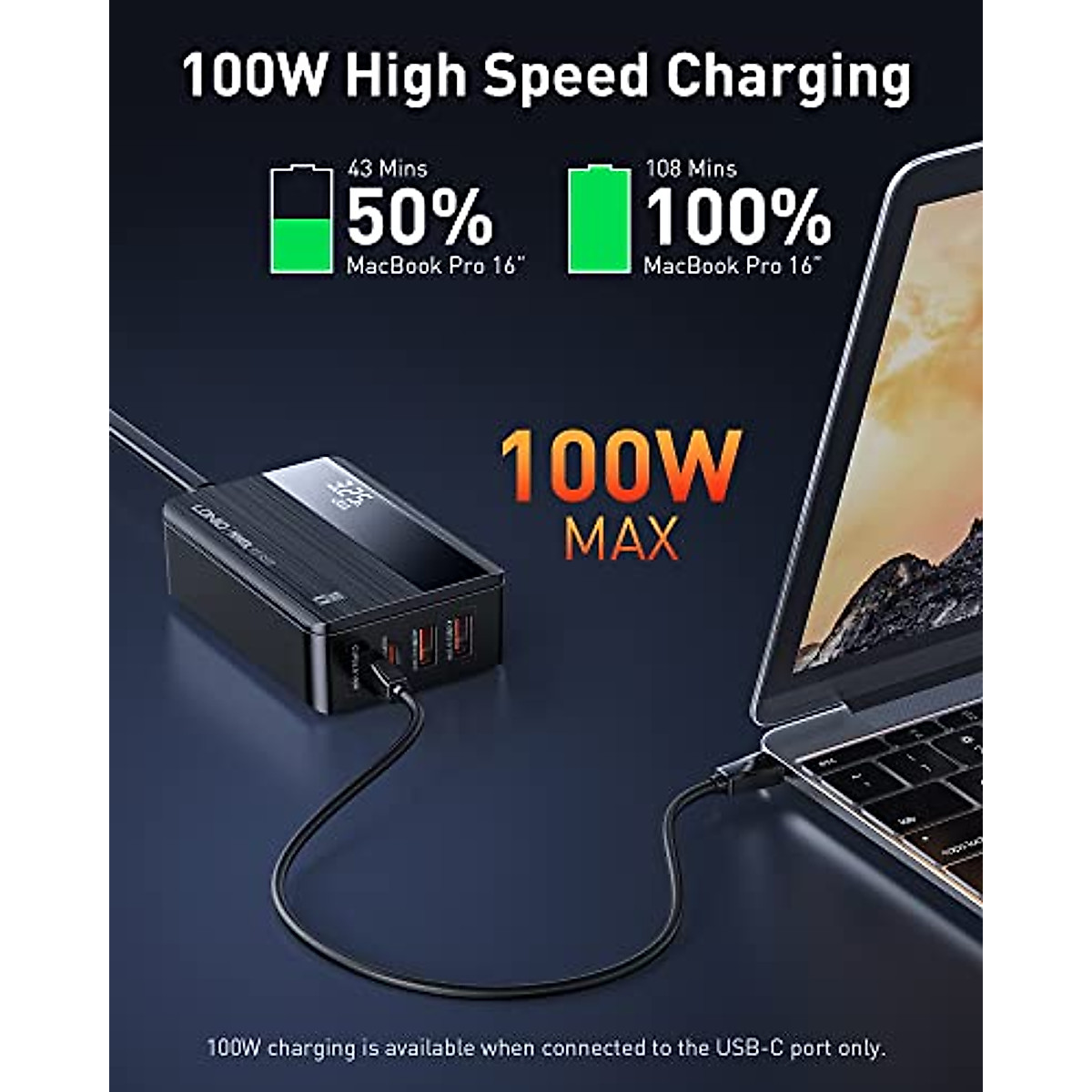 USB C Charger, LDNIO 100W PD Fast GaN Charger with LED Display, 4-Port USB C Charging Station with 2USB-C, 2USB for MacBook Pro/Air, iPad, Laptops, iPhone, Samsung Galaxy, Steam Deck and More