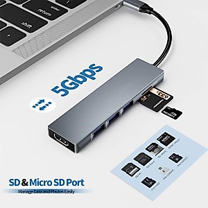 USB C HDMI Adapter for MacBook Pro 2016/2017, 6 in 1 USB-C to HDMI Output, SD+MicroSD Card Reader and 3-Ports USB 3.0