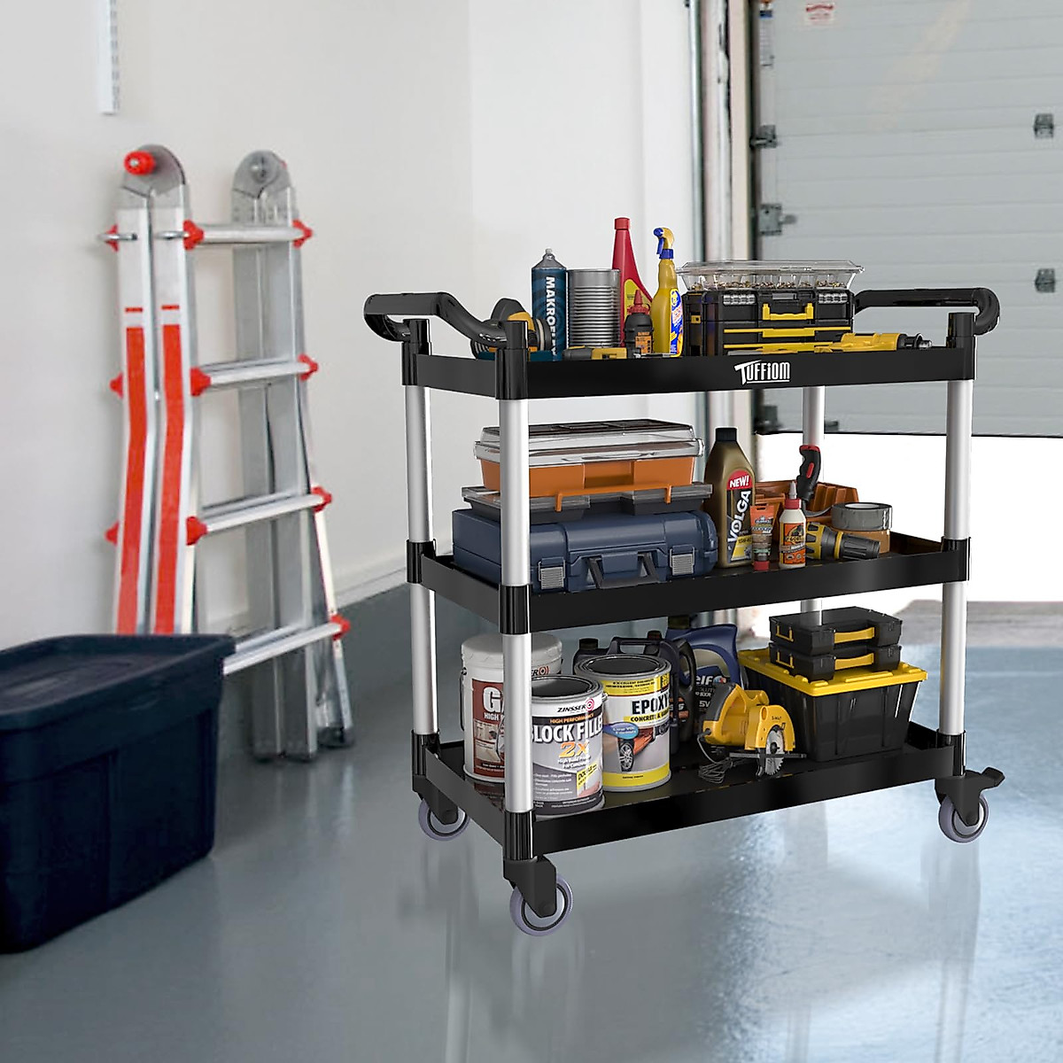 TUFFIOM Plastic Service Utility Cart with Wheels,Heavy Duty 450lbs Capacity, 3-Tier Commercial Rolling, Ideal for Restaurant, Foodservice, Office, Warehouse, Black 40.4''L x 19.7''W x 38.6''H