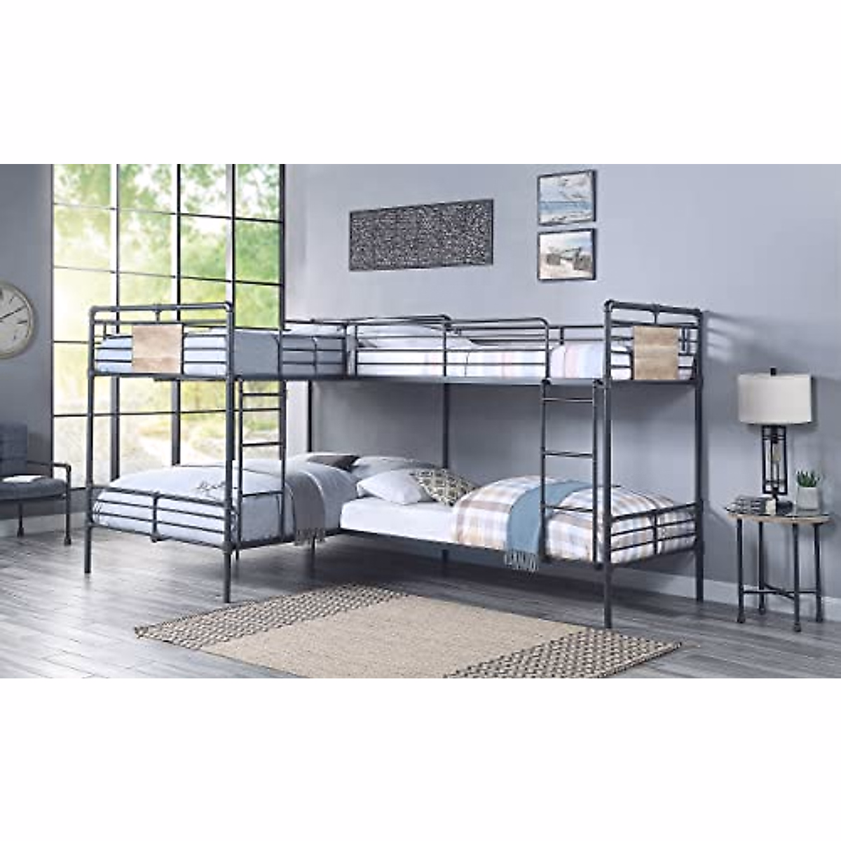 Epinki Twin/Full L Shape Bunk Bed in Sandy Black, Dark Bronze Hand-Brushed, Metal, Bed Frame, Easy Assembly