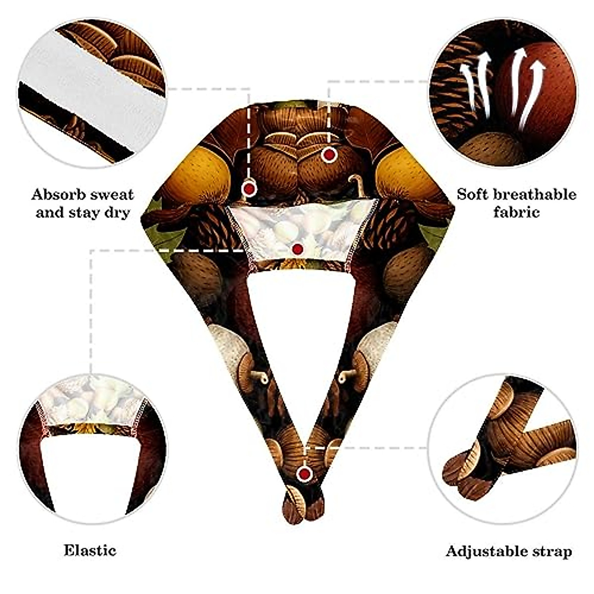 Happy Thanksgiving Acorns Bouffant Working Cap with Ribbon Tie for Women Long Hair, Scrub Surgical Hat, One Size Head Cover