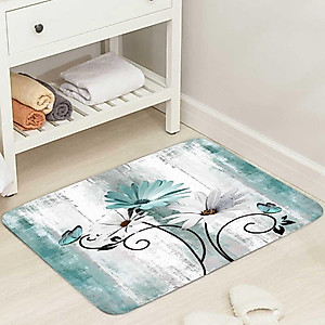 Rustic Farmhouse Bath Rug, Farm Teal Daisy Floral Flowers and Butterfly on Country Wooden Bath Mat Turquoise Blue Kitchen Rug Floor Mat Soft Non Slip Runner Carpet Indoor Doormat (17X29)
