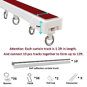 Self Adhesive Ceiling & Wall Curtain Track for Windows 12ft, No Drilling, Screws or Tools Curtain Rail for Bedroom, Shower, Closet and RV - Easy to Install Curtain Rod with Curtain Clips