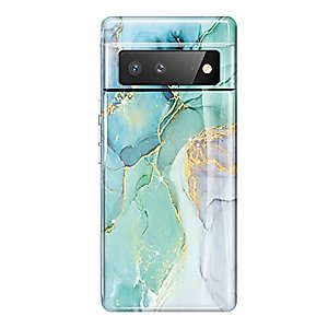 luolnh Pixel 6 Marble Glitter Case - Soft Silicone TPU Bumper Cover, Cute Design, Abstract Mint (2021)