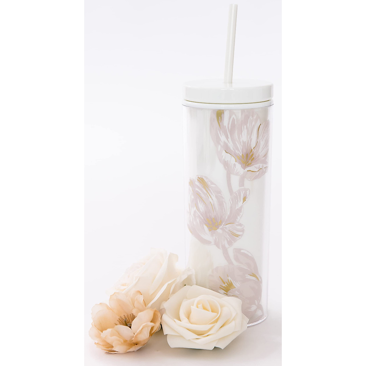 Kate Spade New York Acrylic Bridal Tumbler with Lid and Straw, 24 oz Tumbler for Bride to Be, Slim Double Wall Tumbler, Growing Tulips