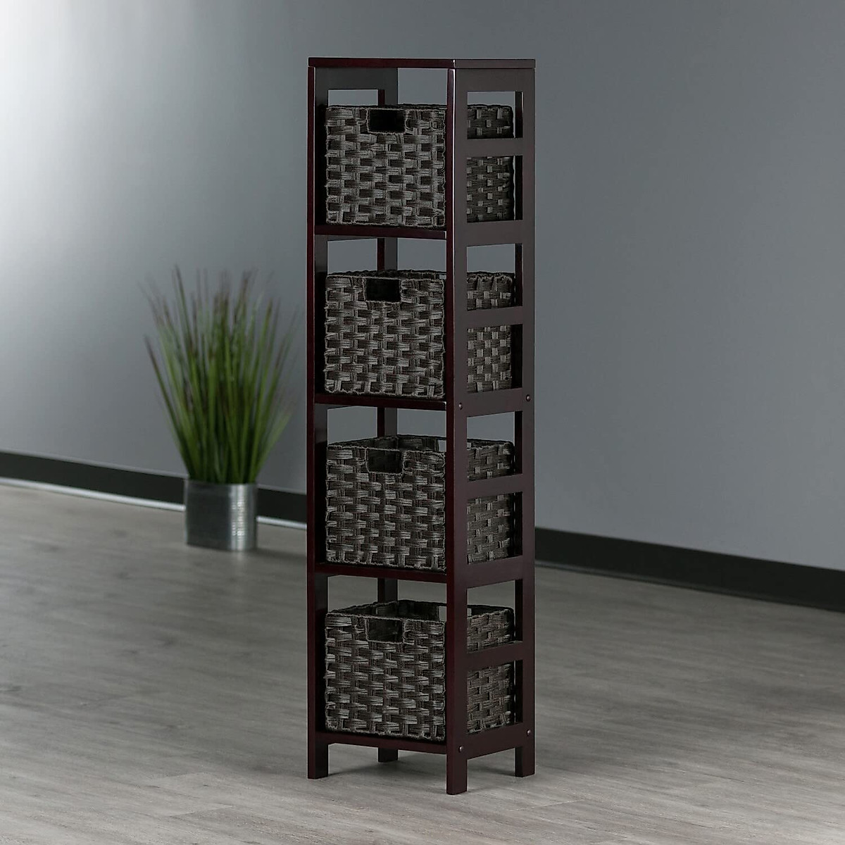 Winsome Wood Leo 5-Pc Storage Shelf with 4 Foldable Woven Baskets - Espresso and Chocolate