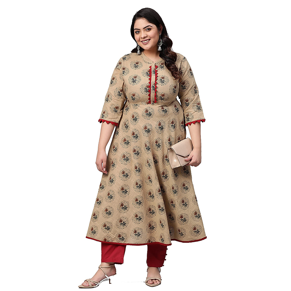 Yash Gallery Women's Cotton Blend Printed Anarkali Kurta (Beige)