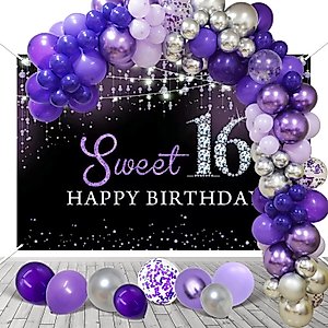 Sweet 16th Birthday Decorations for Girls Happy 16 Birthday Backdrop Banner,Purple Balloon Garland Kit for Teen Her Sixteen Sweet 16 Birthday Party Decorations,16th Birthday Party Supplies Bday Decor