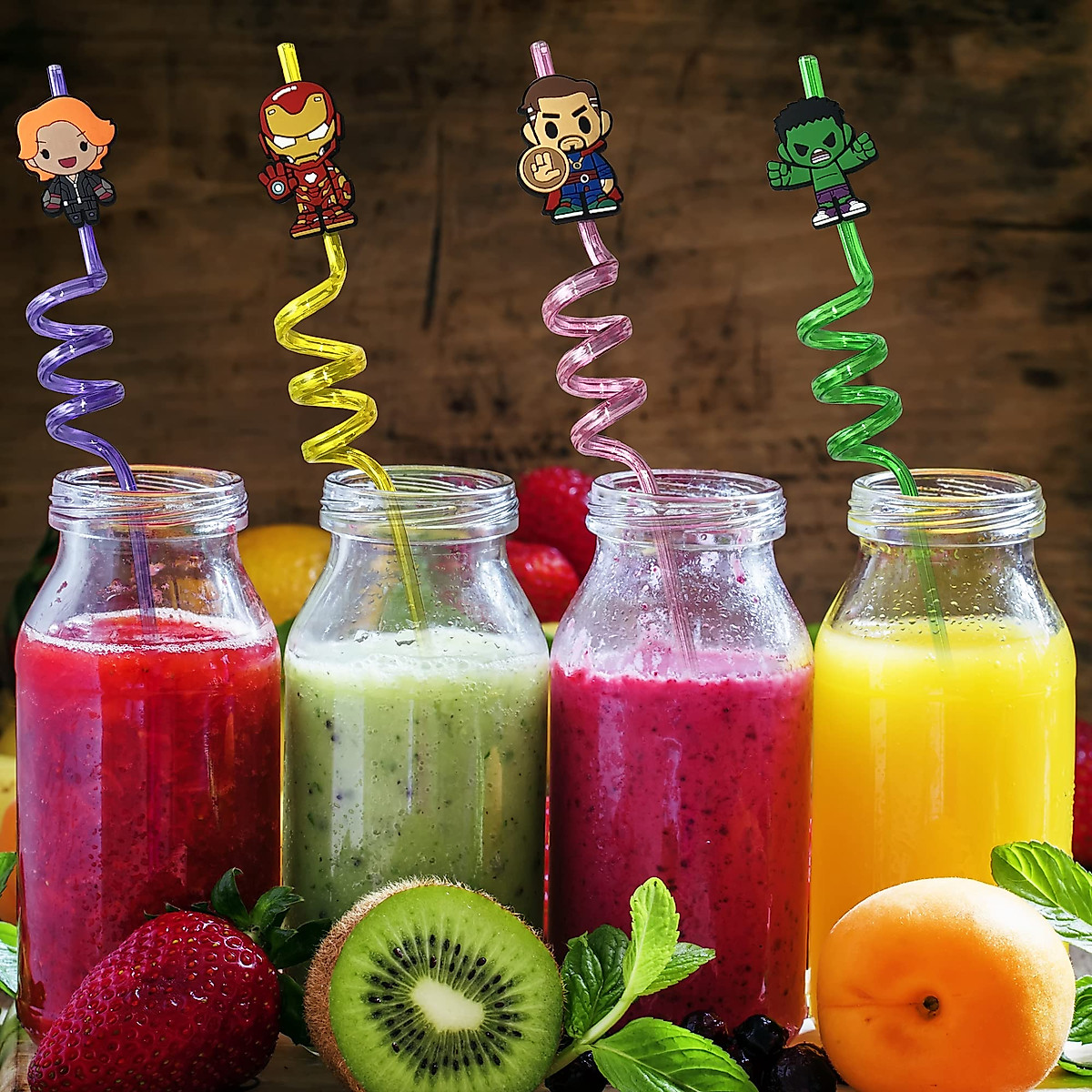 32Pcs Superhero Straws for Avenger Party Favor - 32Pcs Reusable Drinking Straws with 8 designs+36 Stickers+2 Brushes. Perfect For Superhero Party Supplies, Great for Avenger Themed Party