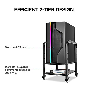 Computer Tower Stand, 360Tronics Adjustable Desktop ATX-Case CPU Holder, 2-Tier PC Rolling Stand Mobile Steel Desktop Case Stand Cart with 4 Locking Wheels for Office Home, Black