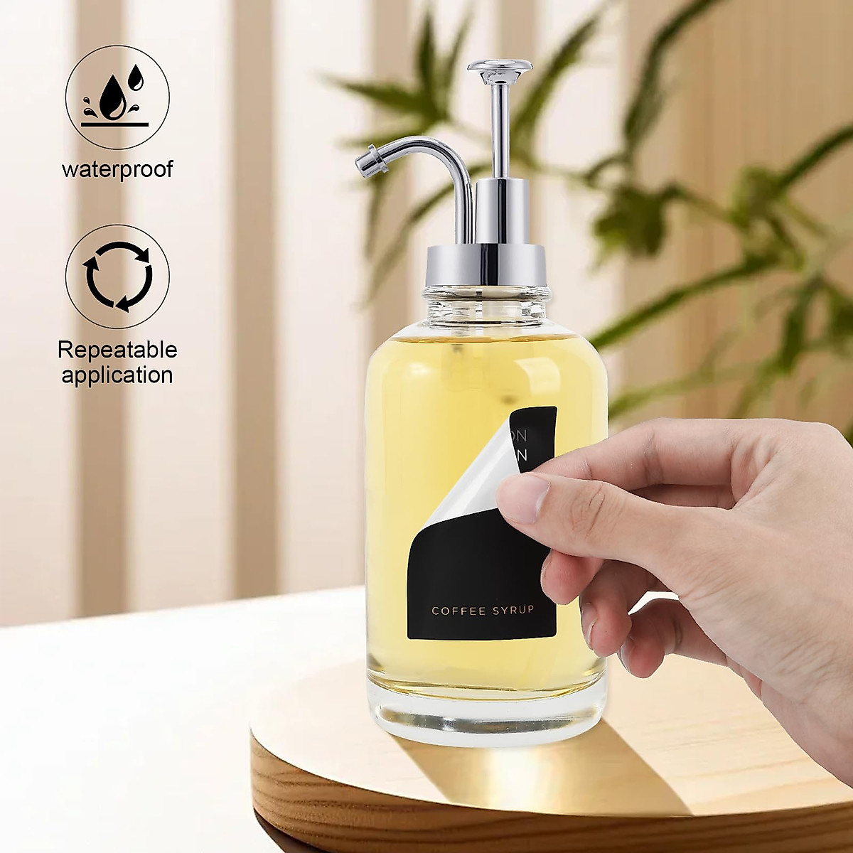 Joyfulmap Coffee Syrup Dispenser with 18 Labels, Pump Bar, Minimalist Glass Bottle, Simple Maple/Coffee Bottles w. set of Black, 16.9 oz 500 ml, 001