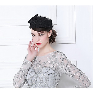 Aniwon Pillbox Hat, Wedding Hat Caps with Veil Vintage Bow Fascinator Hats Caps for Women A Black