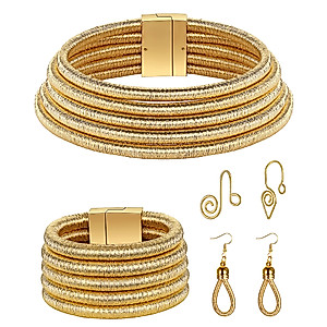 Hicarer 5 Pieces African Jewelry for Women, African Statement Choker Layered Collar Necklace Tribal Style Earrings Bracelet Faux Nose Rings Nose Cuffs Hoop African Jewelry for Ladies(Gold)