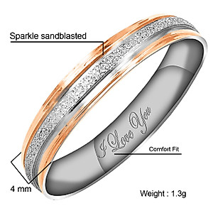 Everstone Women's Sparkle 4MM Flat Promise Ring Wedding Bands Titanium Ring Two Tone Color: Rose Gold & Sparkle Silver Engraved I Love You