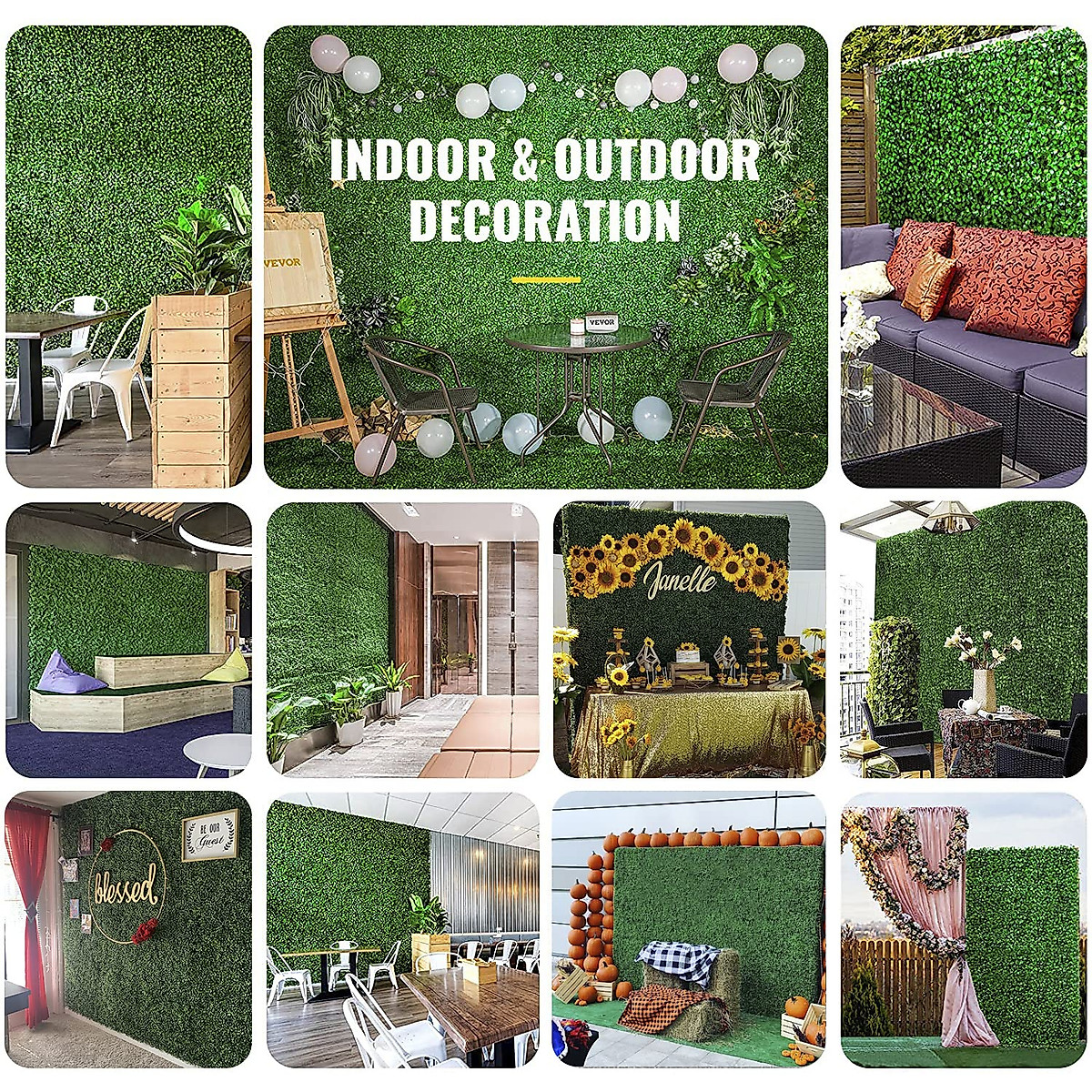 Artificial Boxwood Hedge Panels for Wall Backdrop, Divider Screen, Privacy Fence, Party Decor 20” x 20” Set of 12 Faux Greenery Fake Grass Garden Turf Foliage Tile Mats for Indoor, Outdoor Decoration