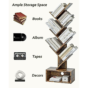 Aobafuir 6-Tier Tree Book Shelf, Open Side Standing Bookcase Shelf, Wooden Bookshelves Storage Rack for CD/Book, Utility Organizer Shelves for Living Room,Bedroom, Rustic Brown