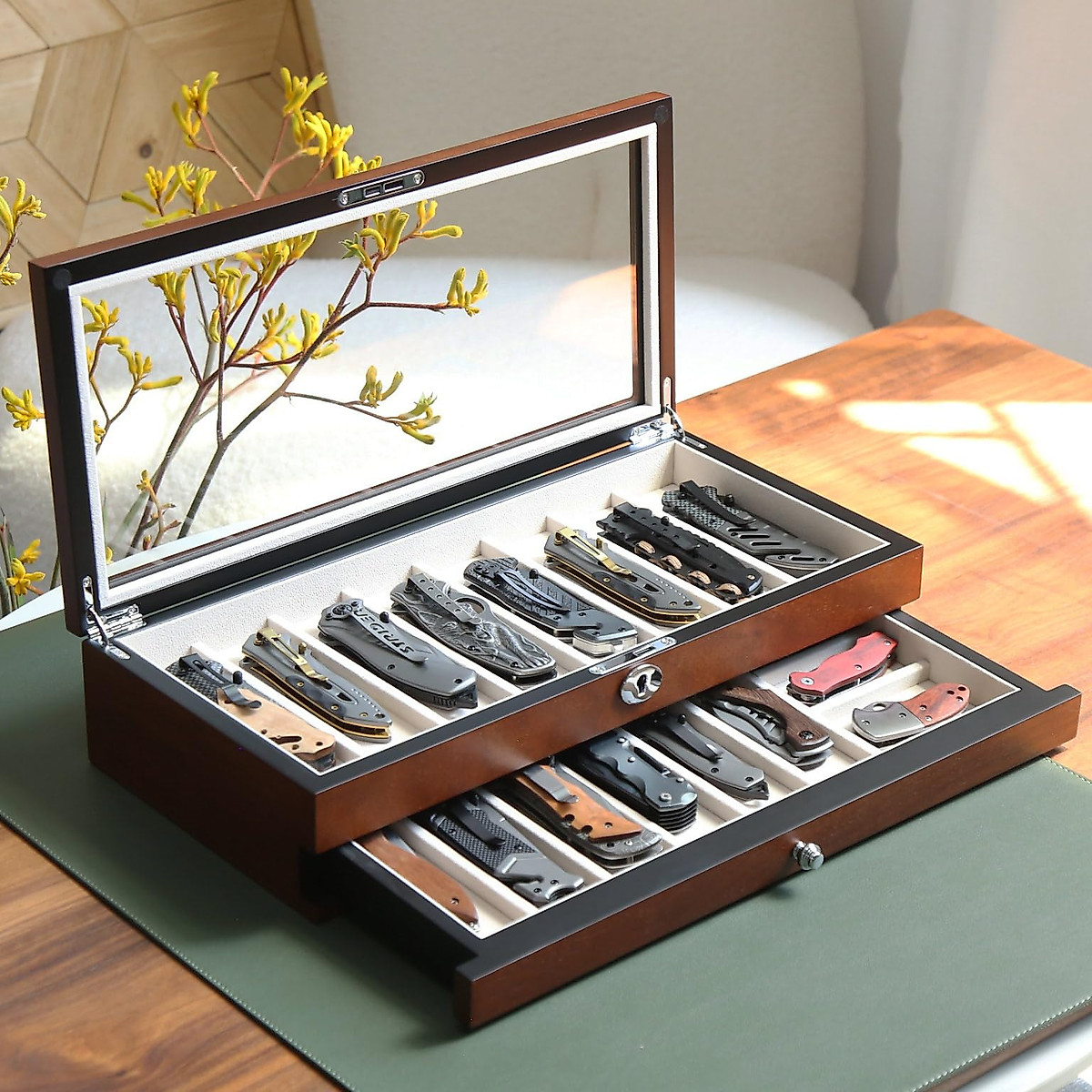Bonaking Knife Display Case Two-Tier Pocket Knife Case Box Storage for 15-17 Pocket Knives Pocket Knife Collection Case Organizer for Men Gift with Walnut Finish and Glass Window