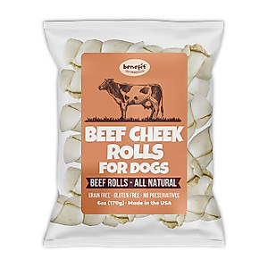 Benefit Pet Products Beef Cheek Rolls for Dogs - Natural Long Lasting Dog Chews, 5 to 6 Inch, Safe & Odor Free, Medium Dog Bone - 4 Pack