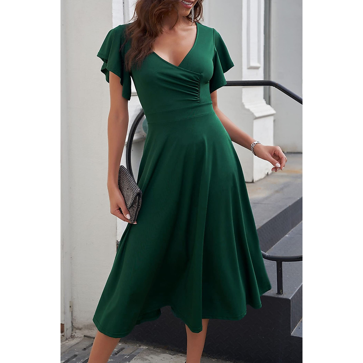 PRETTYGARDEN Women's Summer Midi Dress Ruffle Cap Sleeve V Neck Cocktail Party Swing A Line Fit and Flared Dresses (Dark Green,X-Large)