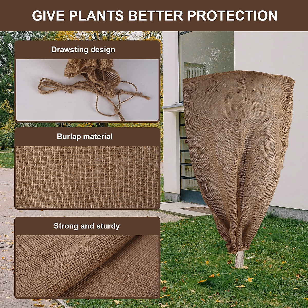 3 Pack 24″ × 40″ Reusable Warm Burlap Winter Plant Cover Bags with Drawstring Burlap Plant Covers Freeze Protection Large Plant Frost Cloth Cold Freeze Blanket Protecting Fruit Tree Potted Plants