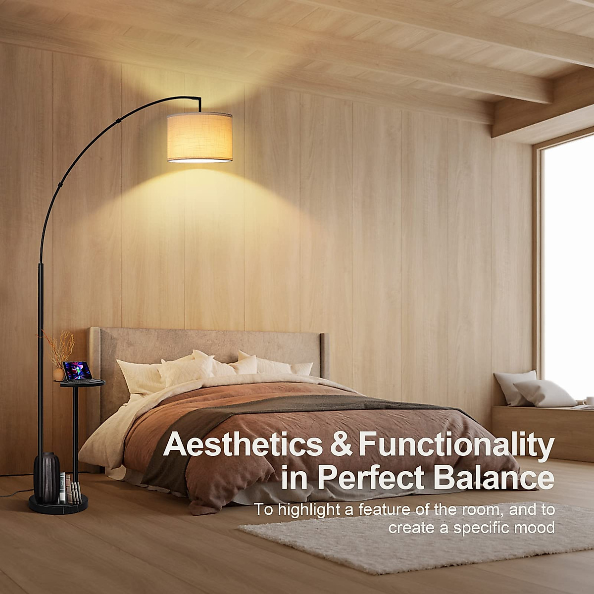 OUTON Arc Floor Lamp with Table and Marble Base, 81" Height LED Dimmable Floor Lamp with Remote & 4 Color Temperature, Tall Standing Lamp with Adjustable Hanging Drum Shade for Living Room, Bedroom