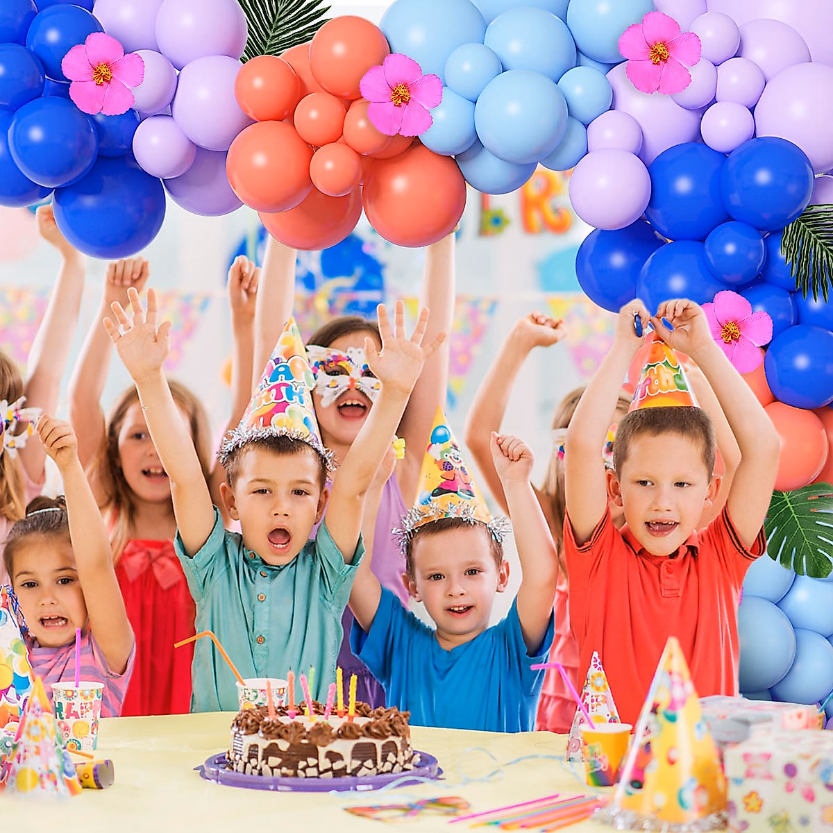 131Pcs Stich Balloons Birthday Party Decorations Garland Arch Kit, Blue Purple Balloon Happy Birthday Banner Palm Leaves Flower for Kids Stich Birthday Baby Shower Hawaii Tropical Party Supplies