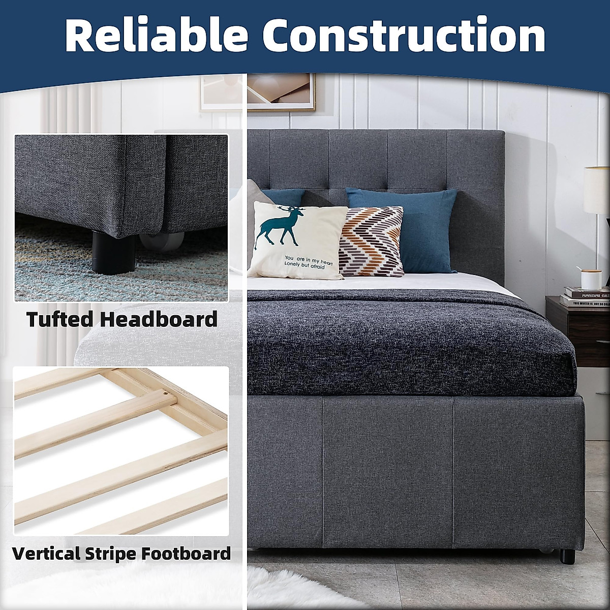 civama Full Size Bed with Trundle, Upholstered Full Over Twin Bed with Headboard & Wooden Slat Support, Pull Out Twin Platform Bed Underneath, No Box Spring Needed, Grey