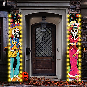 Tiamon 3 Pcs Day of The Dead Porch Sign with LED Lights, Mexican Dia De Los Muertos Party Door Decorations, Day of The Dead Sugar Skull Door Banner for Halloween Fiesta Party, 11.8 x 70.9 Inches