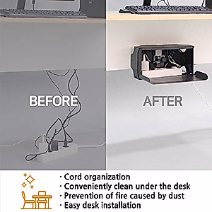 POINT & EDGE TAP-UP Cable Box, Desk Mounted Cable Management Box, Cord Organizer - Easy to Install Without Drilling Any Holes to Your Desk (Grey)