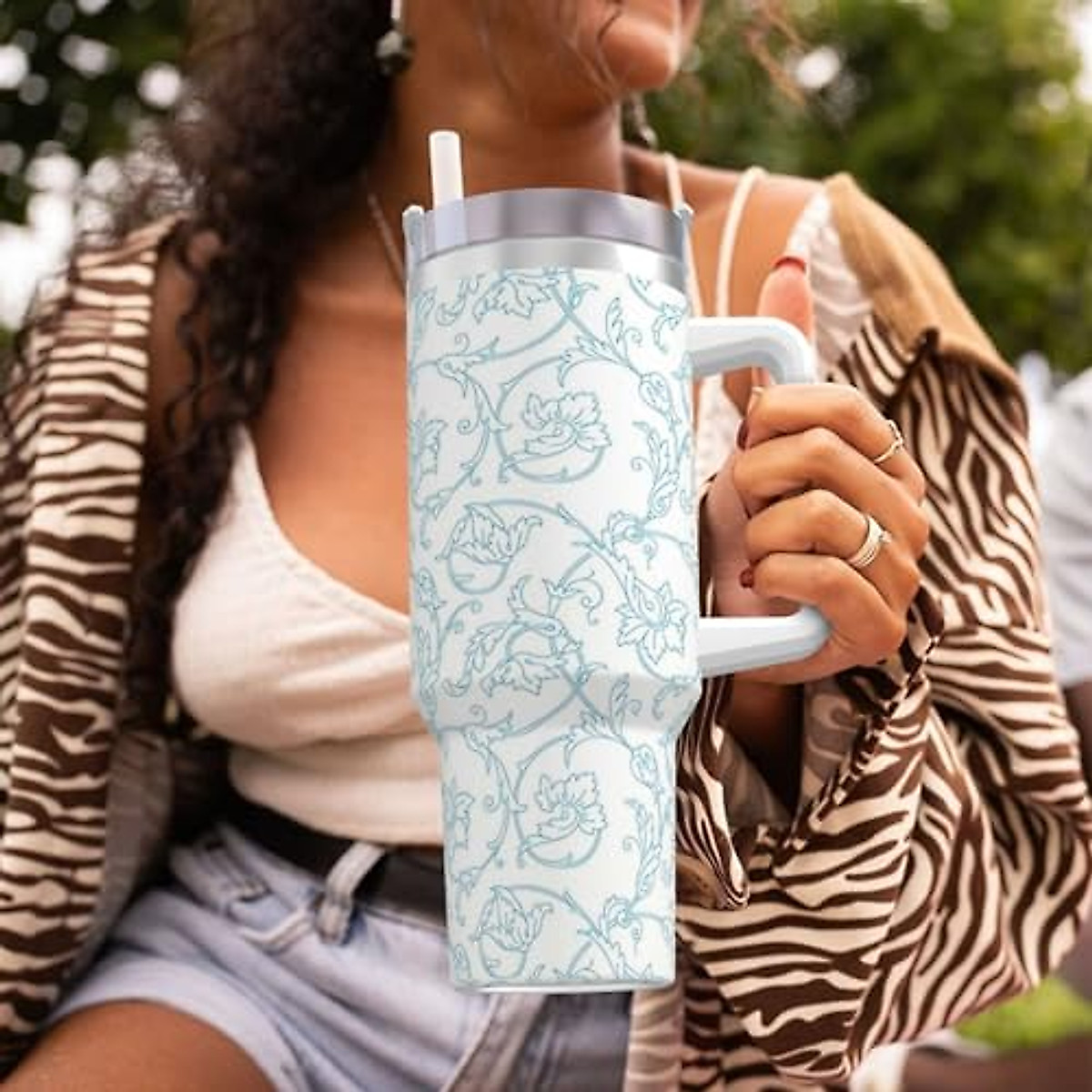 UIANG Plant Stainless Steel Triple Layer Insulated Travel Tumbler with Spill Resistant Lid, Straw, and Carry Handle, BPA Free, 40 oz,Boho Water Lilies,Blue Green