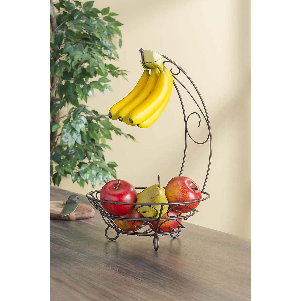 Home Basics Scroll Collection Steel Fruit Basket with Hanging Banana Tree, Perfect for Kitchen Countertop & Dining Room Table, Bronze