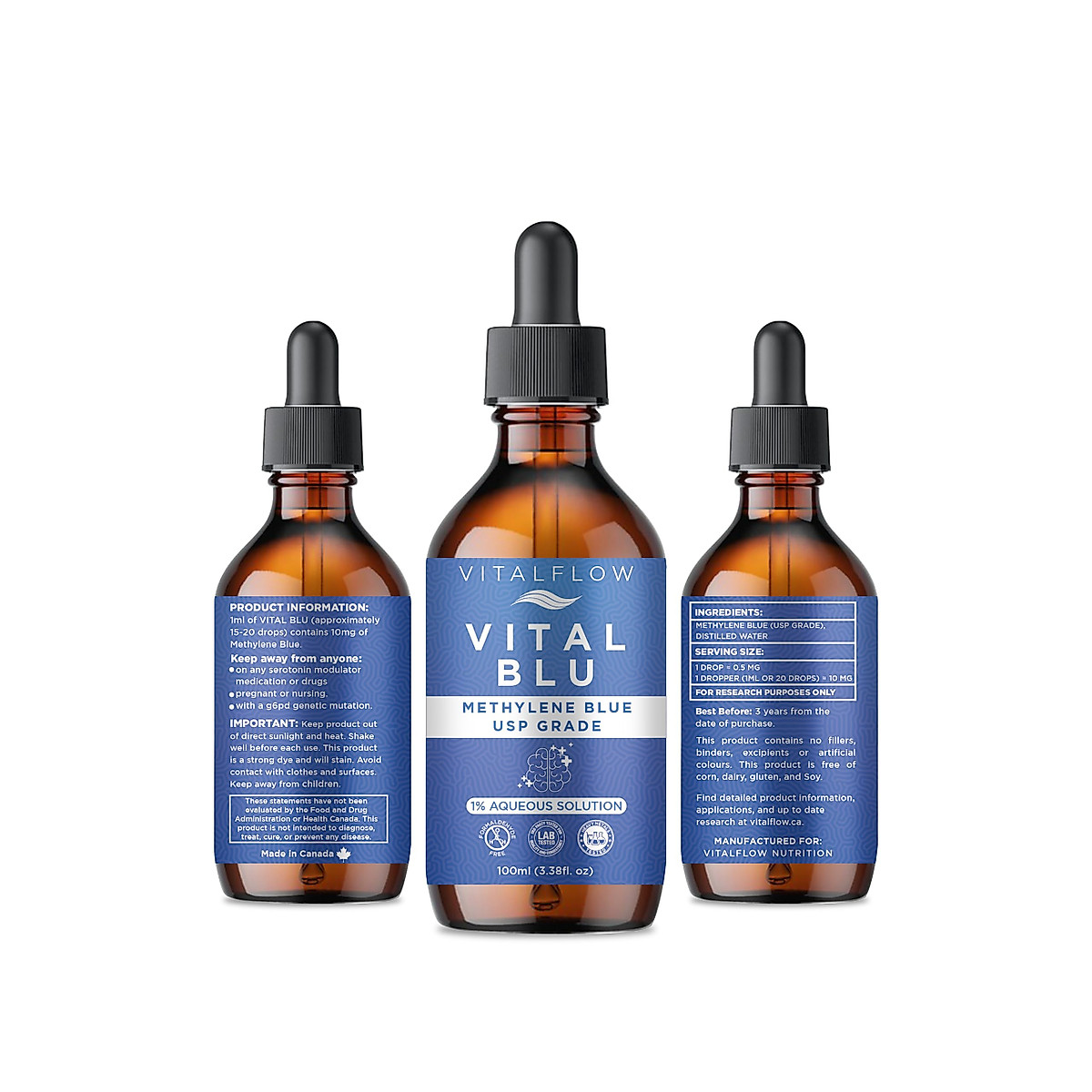 VITALFLOW Methylene Blue 1% Aqueous USP Grade Solution, Ultra High Purity, Free of Formaldehyde, Amber Glass Graduated Dropper Bottle