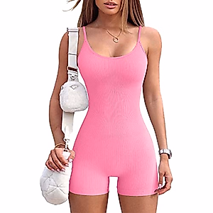 OQQ Women's Yoga One Piece Ribbed Spaghetti Strap Exercise Romper, Fluorescentpink, Medium