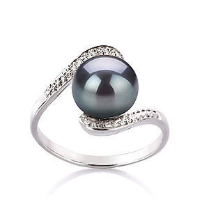 Chantel Black 9-10mm AA Quality Freshwater 925 Sterling Silver Cultured Pearl Ring For Women - Size-9
