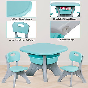 SUPER DEAL Kids Table and Chairs Set 3 Piece Plastic Children Activity Table with 4 Detachable Toy Storage Bins for Arts, Crafts, Snack Time and More, Safety Round Corners, Green