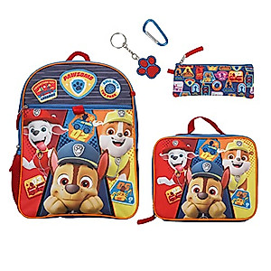 Paw Patrol Backpack Set Kids 5 Piece 16" Backpack Lunchbox Utility Case Rubber Keychain Carabiner